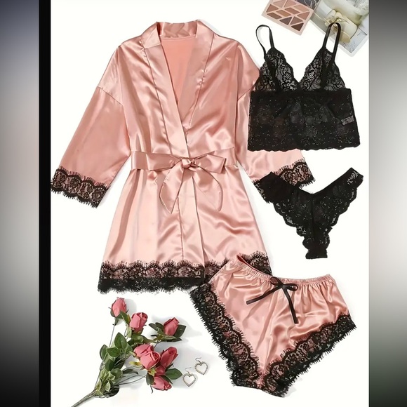 Intimates & Sleepwear | Elegant Pink And Black Lace Sleepwear Set ...